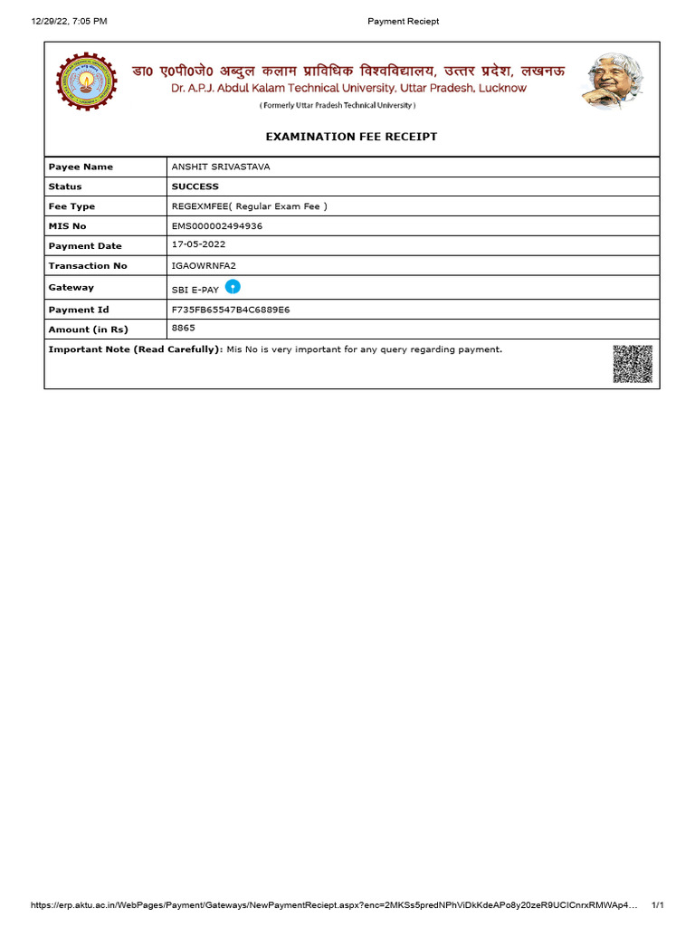 Payment Reciept of Regestration Fees | PDF