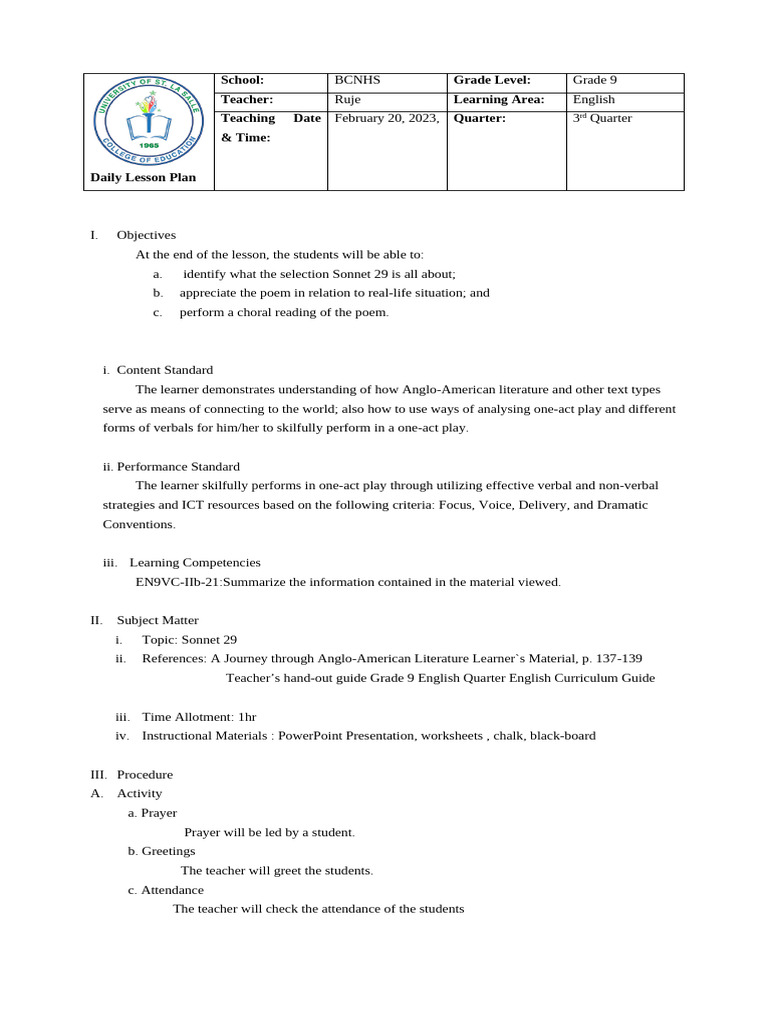 Lesson Plan 1 BCNHS Grade 9 | PDF | Lesson Plan | Sonnets
