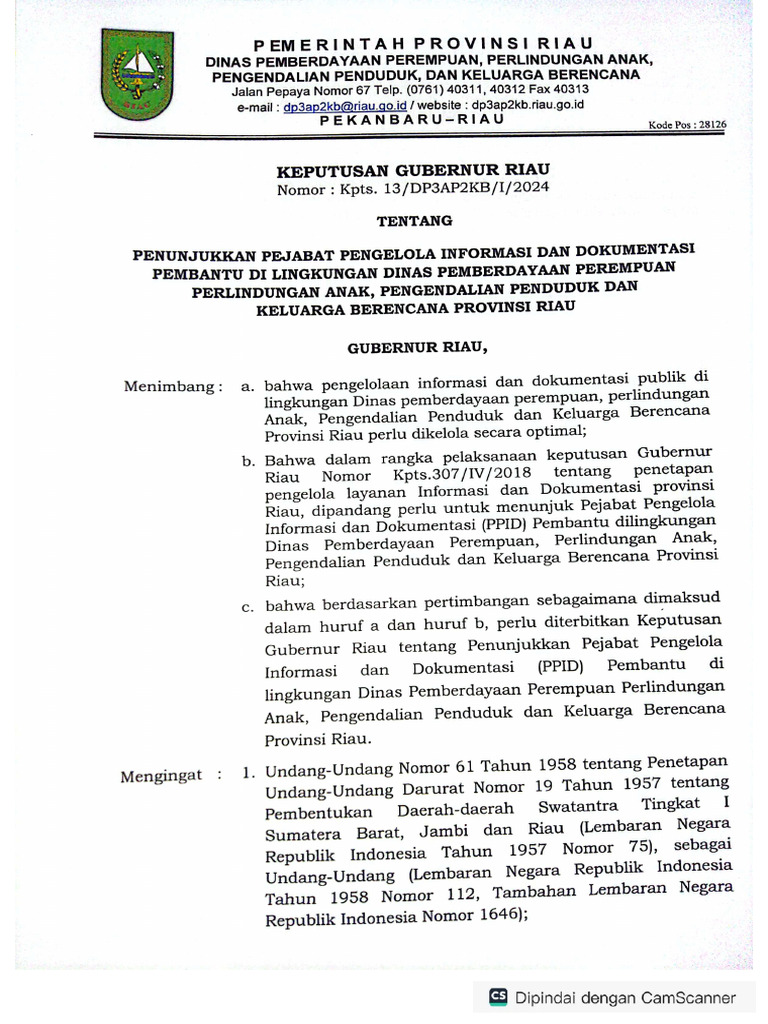 SK PPID 2024 Dinas P3AP2KB Provinsi Riau | PDF