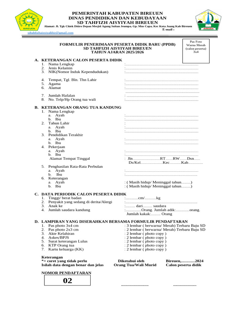 Formulir PPDB SD Tahfizh Aisyiyah 2025/2026 | PDF