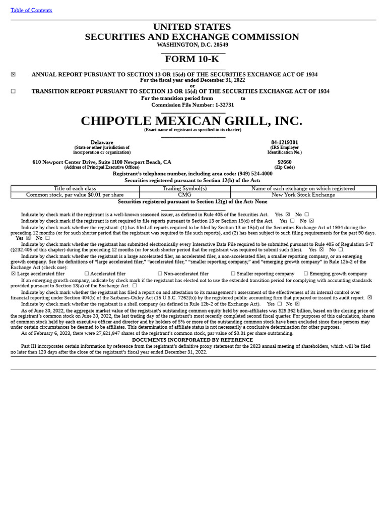 CMG (Chipotle Mexican Grill Inc.) (10-K) 2023-02-09 | PDF | Food Safety ...