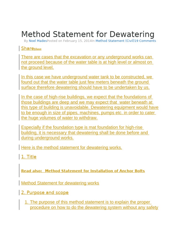 Method Statement For Dewatering Works Pdf Pump