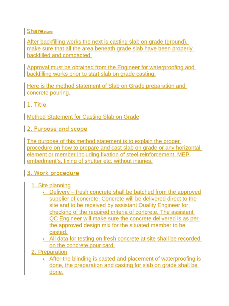 Slab on Grade Casting Method Statement | PDF | Concrete | Civil Engineering