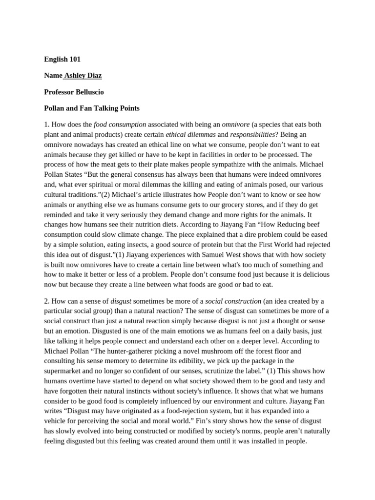 Pollan and Fan Talking Points | PDF | Disgust | Taste