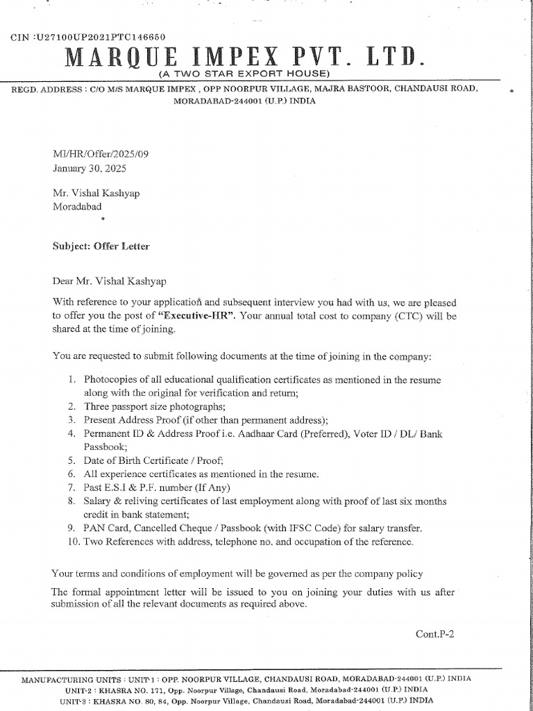 Offer Letter Vishal Kashyap | PDF