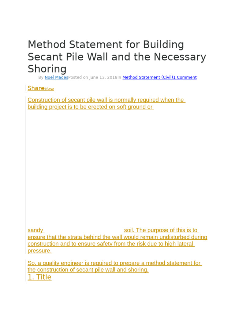 Method Statement For Building Secant Pile Wall and The Necessary Shoring | PDF | Deep Foundation ...