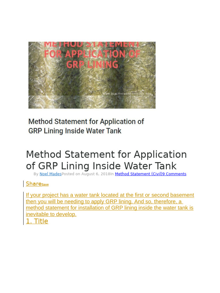Method Statement For Application of GRP Lining Inside Water Tank | PDF ...