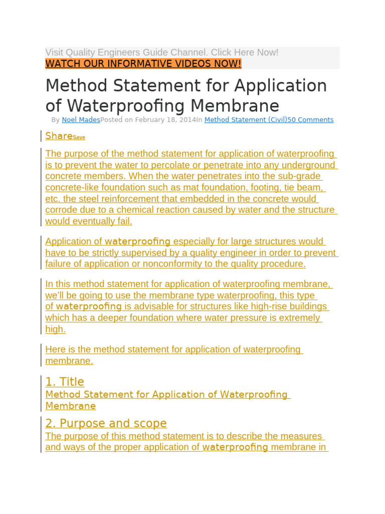 Method Statement For Application of Waterproofing Membrane | PDF ...