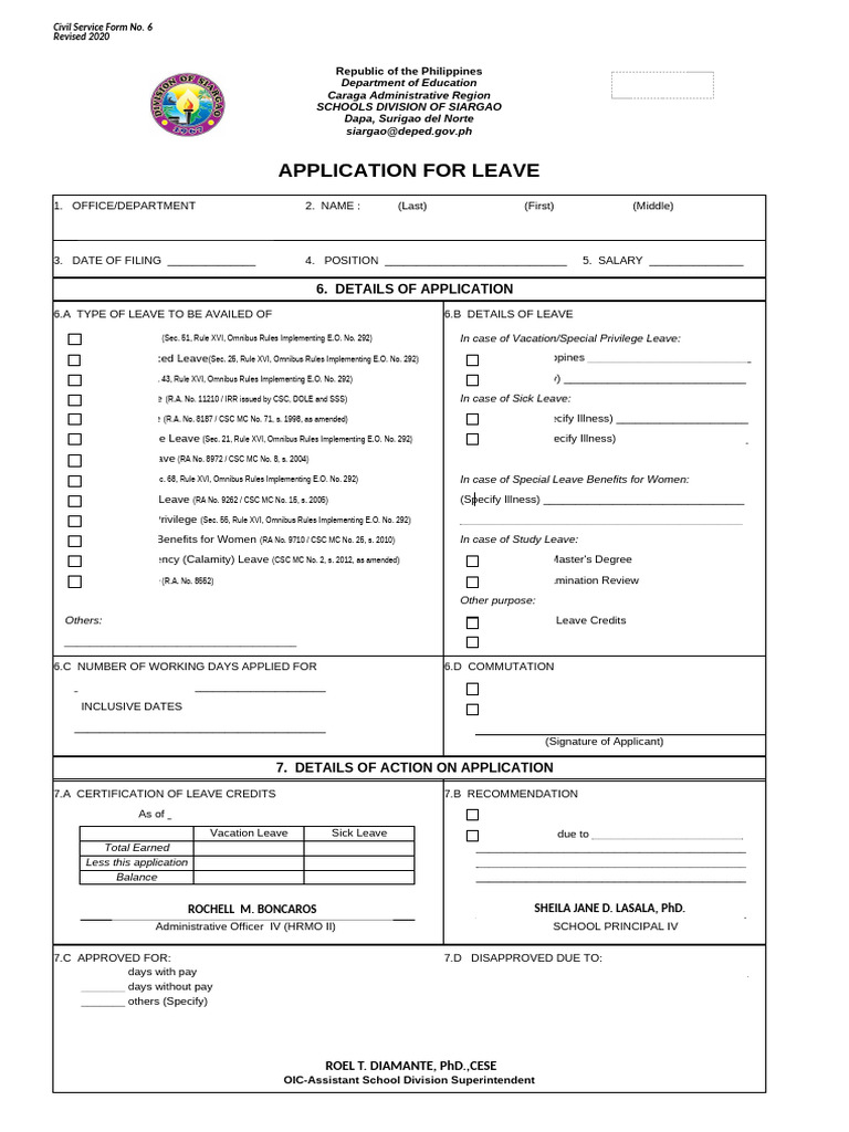 CS Form No. 6 Revised 2020 Application For Leave NEWEST 2021xlsx | PDF | Parental Leave | Sick Leave