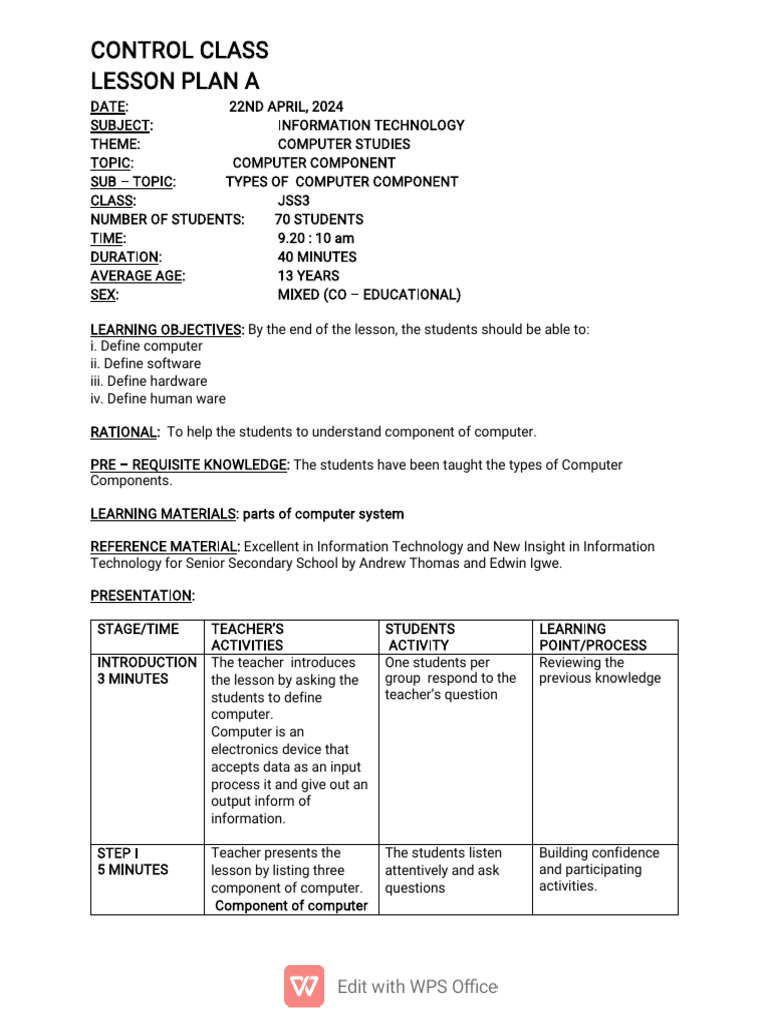 9718_Week 1 lesson note (1) | PDF | Input/Output | Computer Hardware