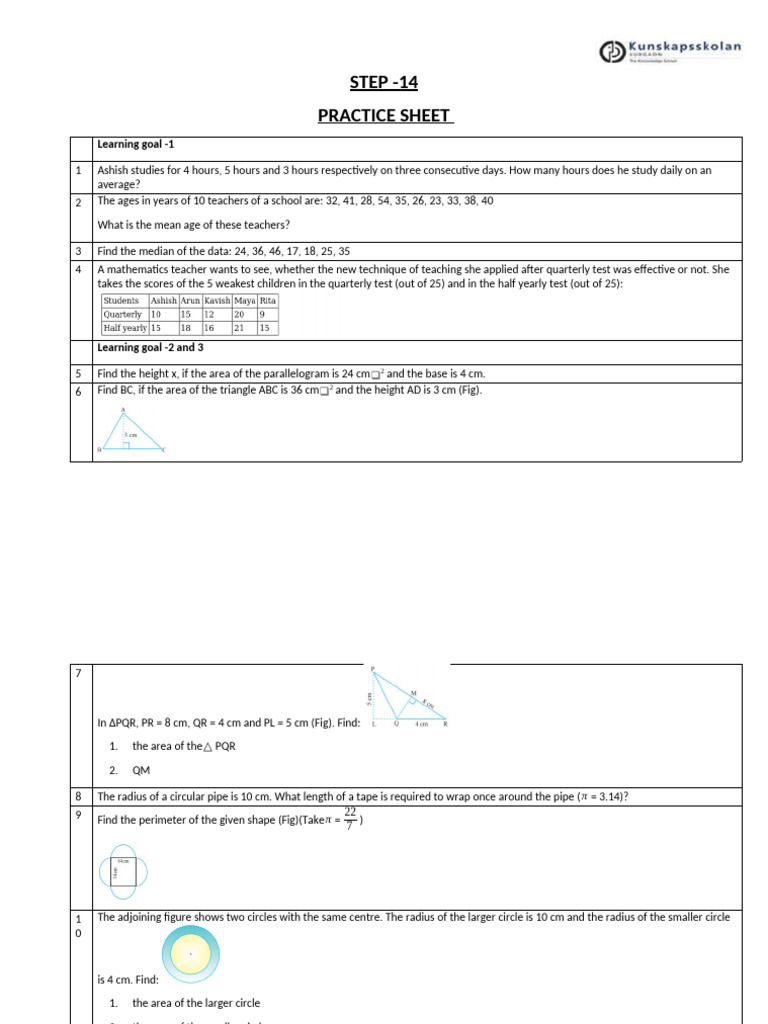 Math Practice Sheet: Averages & Areas | PDF
