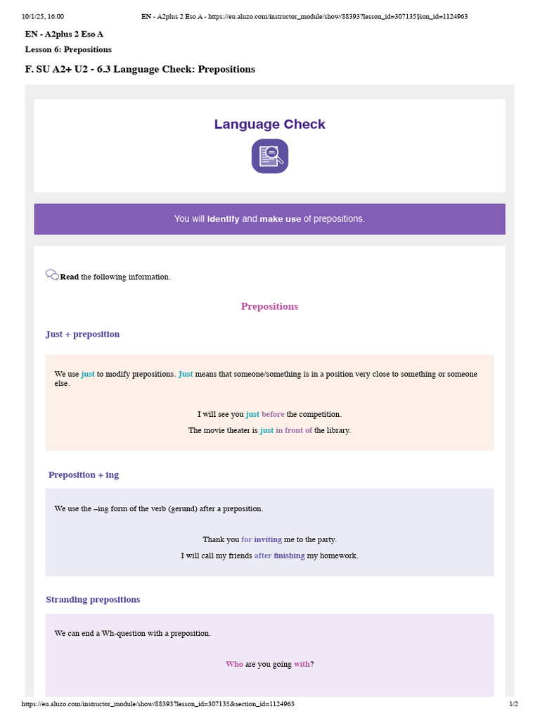 Prepositions Theory 1st ESO | PDF