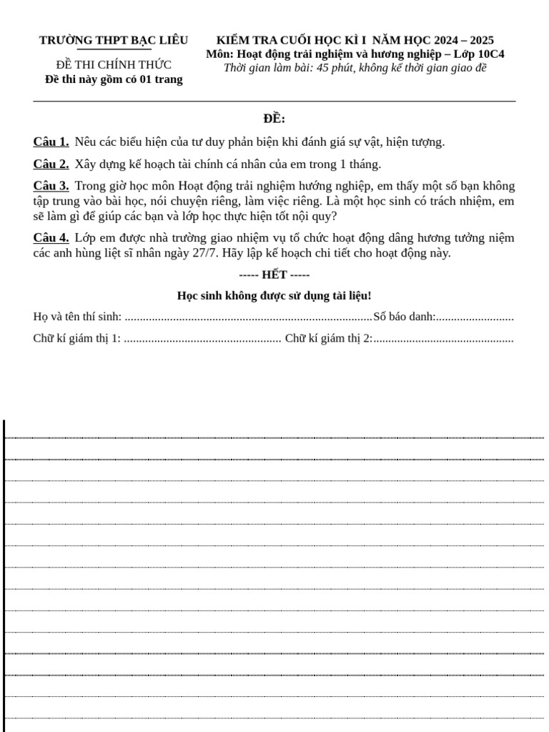 ĐỀ CKI HĐTNHN 10C4 | PDF