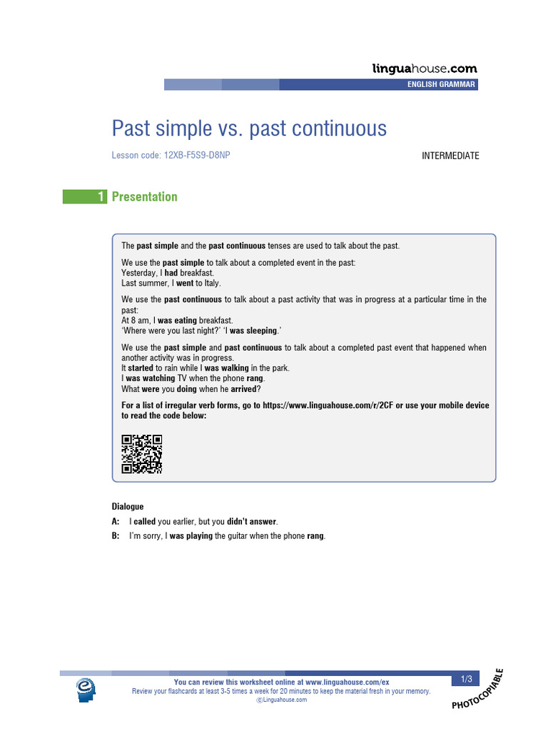 Past Simple vs. Past Continuous Guide | PDF | Grammatical Tense ...