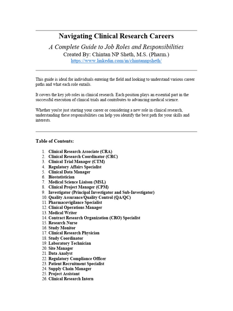 Guide To Clinical Research Job Roles | PDF | Clinical Trial | Health Care