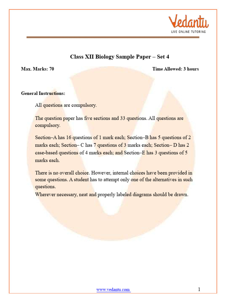 CBSE Class 12 Biology Sample Paper Set 4 (2024-25) With Solutions PDF ...