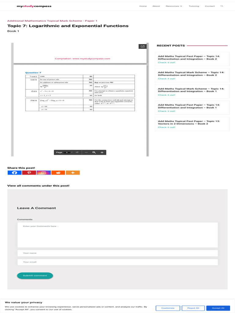 Add Maths Topical Mark Scheme - Topic 7 Logarithmic and Exponential Functions - Book 1 - My ...