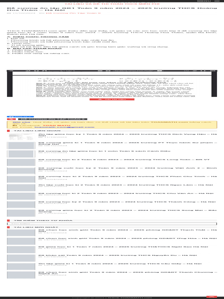 Đề Cương Ôn Tập GK1 Toán 9 Năm 2024 - 2025 Trường THCS Hoàng Hoa Thám - Hà Nội | PDF