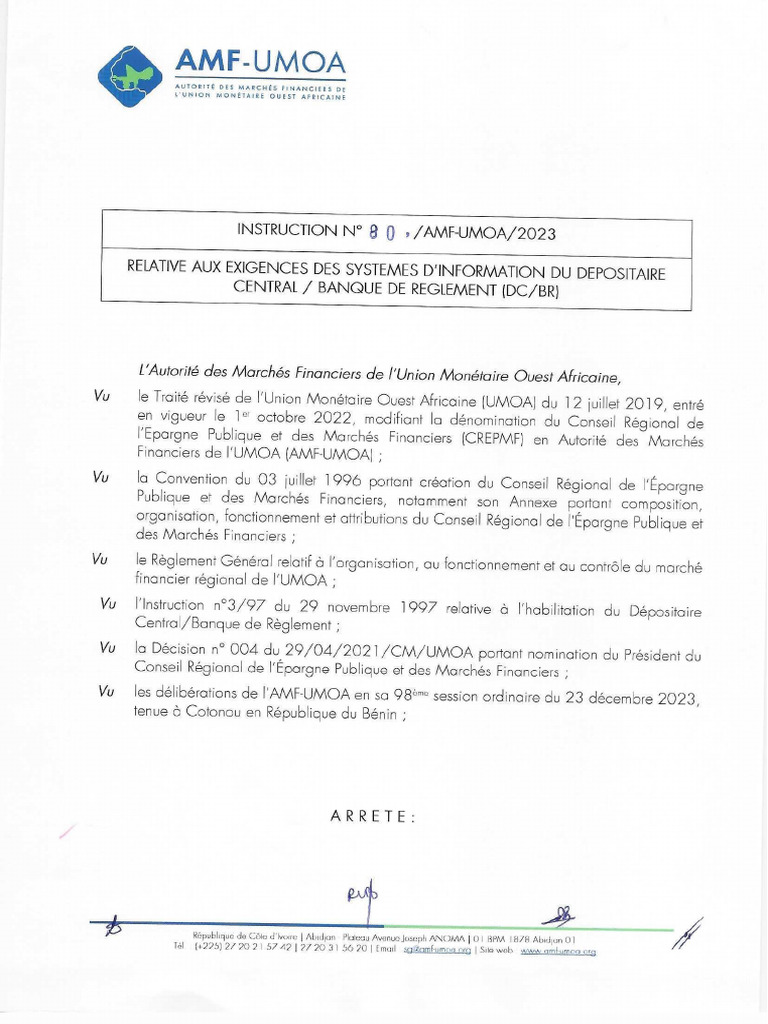 Instruction N°80 - AMF-UMOA - 2023 | PDF