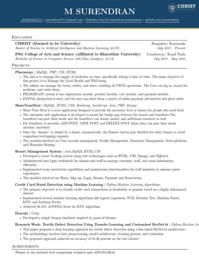 Surendran - Resume - M SURENDRAN 2348527 | PDF | Machine Learning | Python (Programming Language)