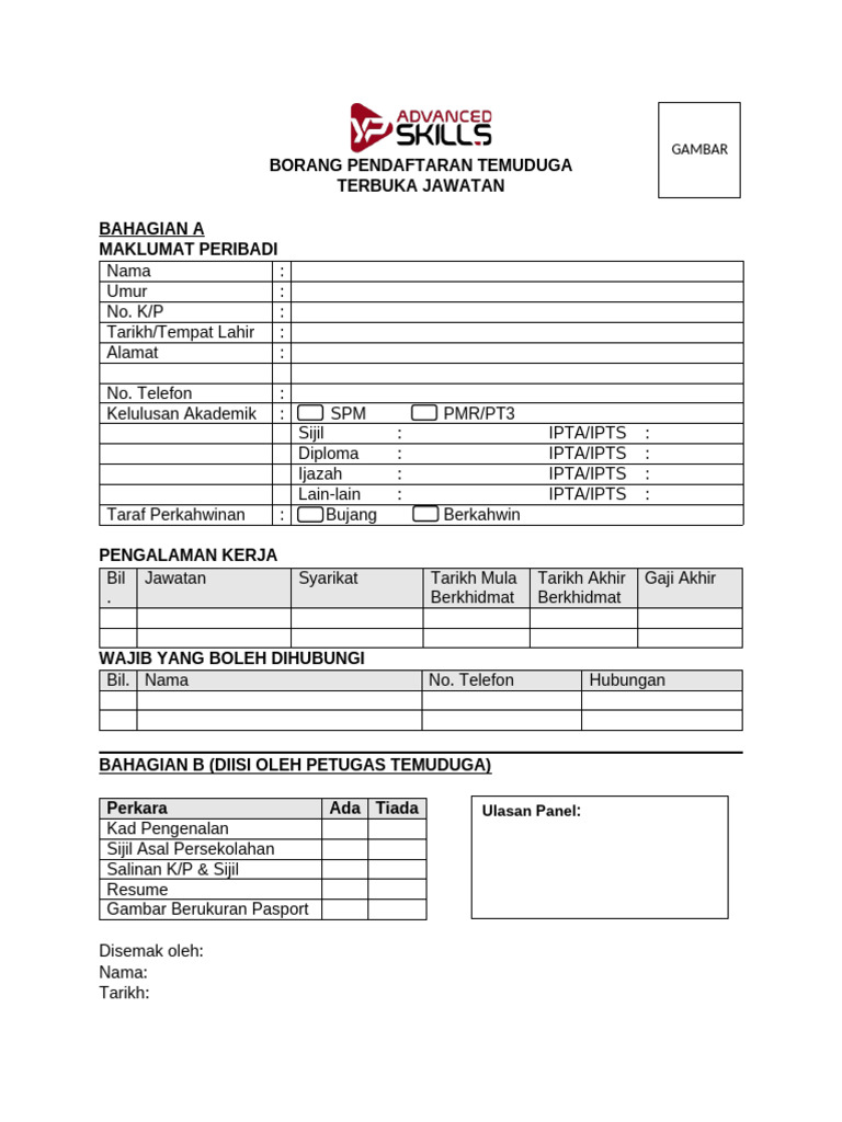 Borang Pendaftaran Temuduga Terbuka | PDF