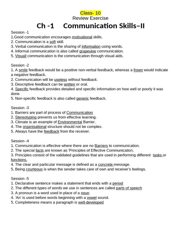 Communication Skills Review for Class 10 | PDF