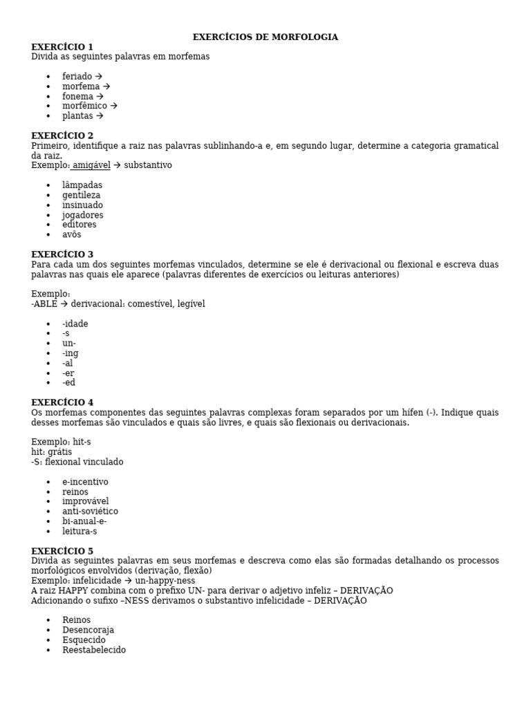 Exercícios de Morfologia | PDF