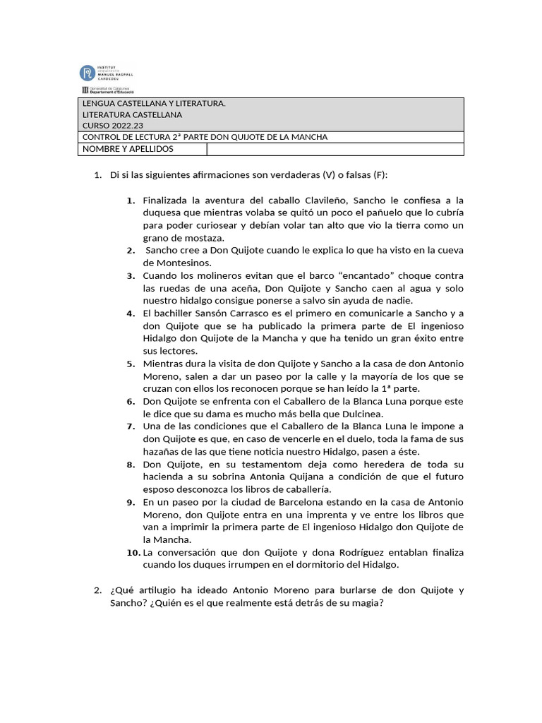Control de Lectura: Don Quijote 2ª Parte | PDF | Don Quijote