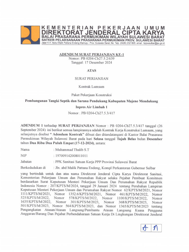 Adendum Surat Perjanjian Ke-1 Cv. Tiga Bintang Mandiri | PDF