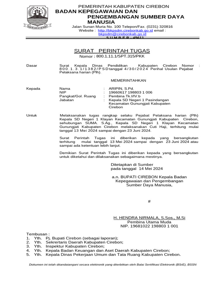 Surat Tugas Plh Kepala SD Cirebon | PDF