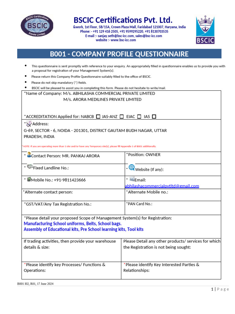 B001 Company Profile Questionnaire I02 R01 170624 | PDF | Business