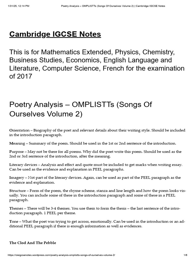 Poetry Analysis - OMPLISTTs (Songs of Ourselves Volume 2) - Cambridge ...