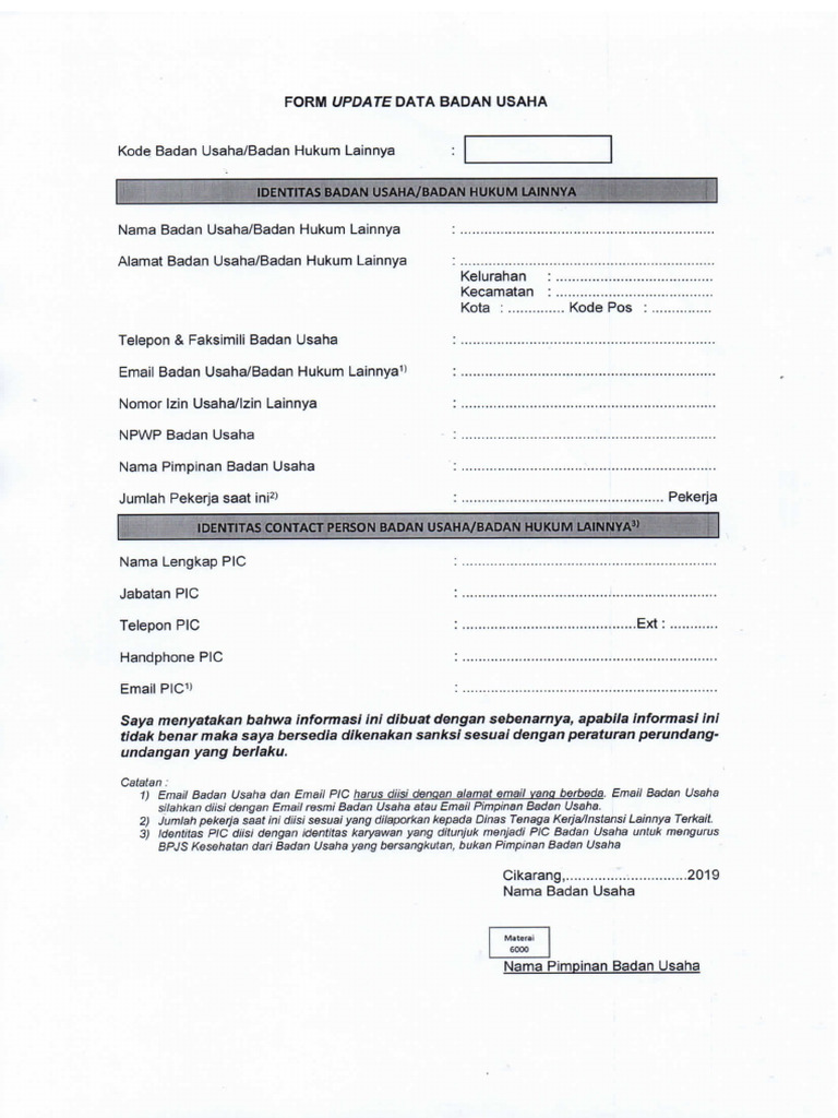 Form Update Data Badan Usaha | PDF