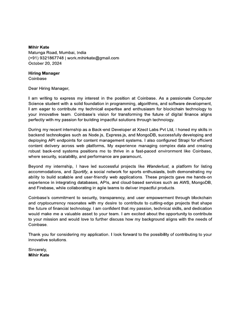 Cover Letter For Coinbase | PDF