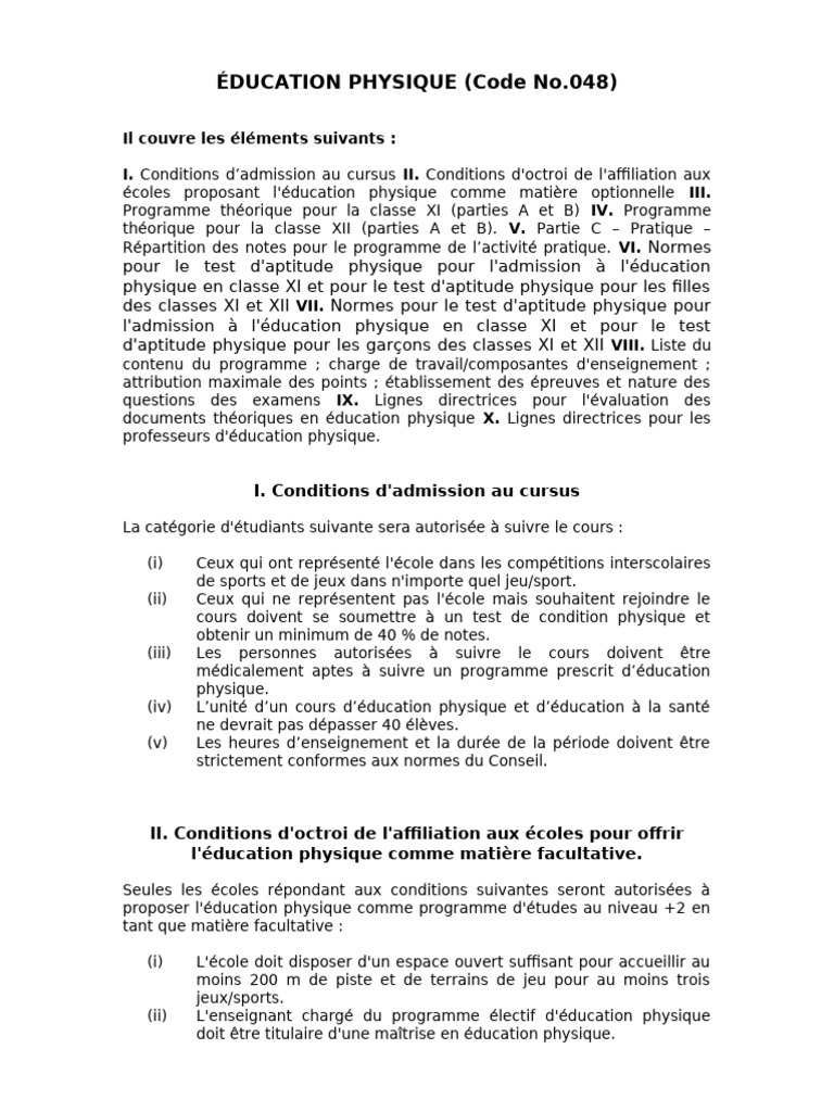Programme d'Éducation Physique Classes XI-XII | PDF | Des sports | Physique