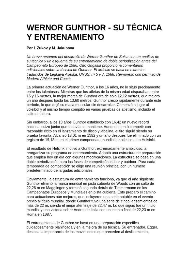 Zukov Werner Gunthor - Su Técnica y Entrenamiento | PDF