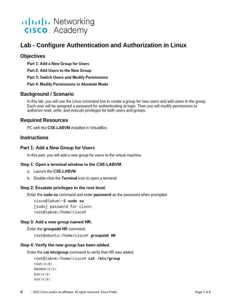 13.1.17 Lab - Configure Authentication and Authorization in Linux | PDF | Sudo | Superuser