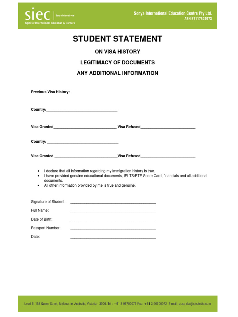 Student Statement: On Visa History Legitimacy of Documents Any ...