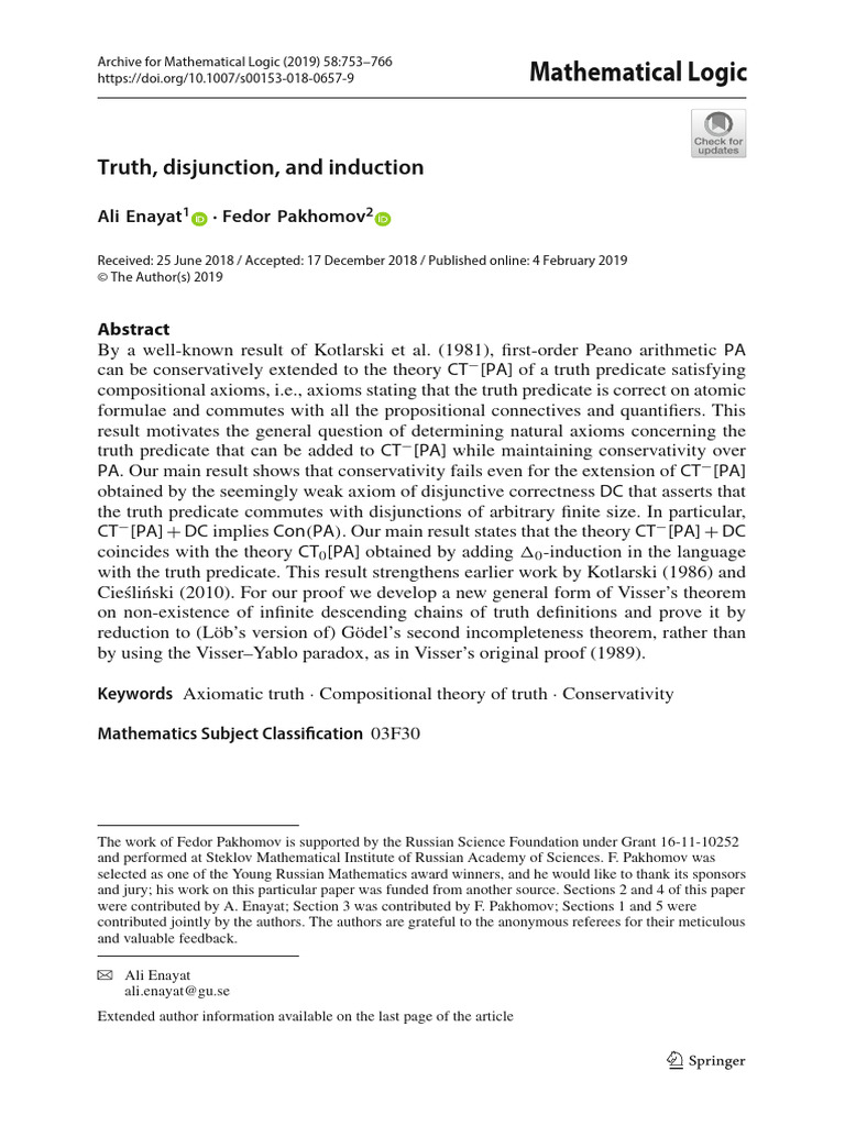 Truth, Disjunction, and Induction | PDF | Axiom | Mathematical Logic