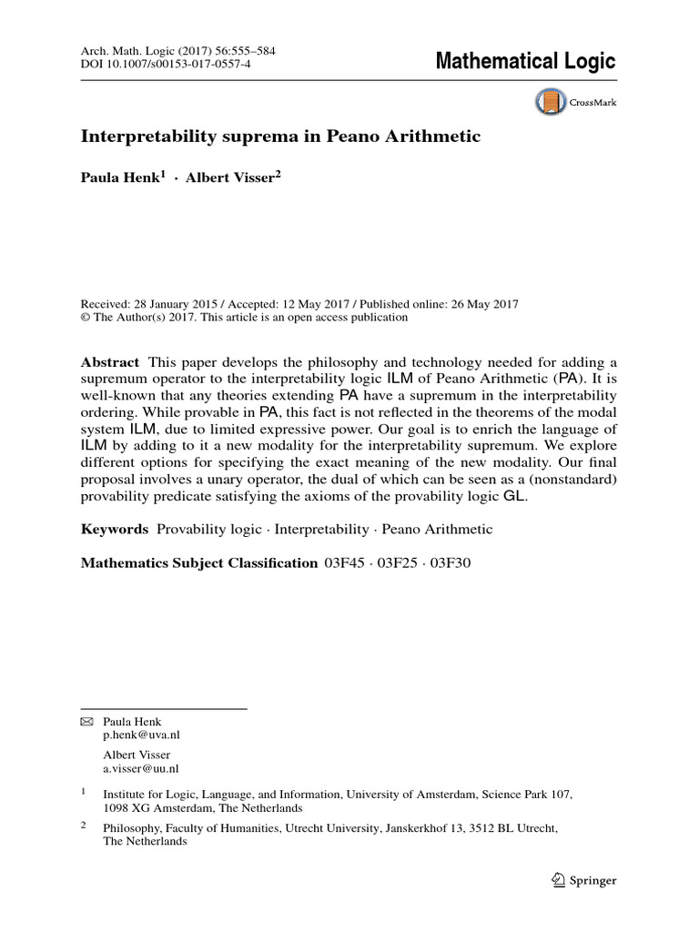 Interpretability Suprema in Peano Arithmetic | PDF | Mathematical Logic | Theorem