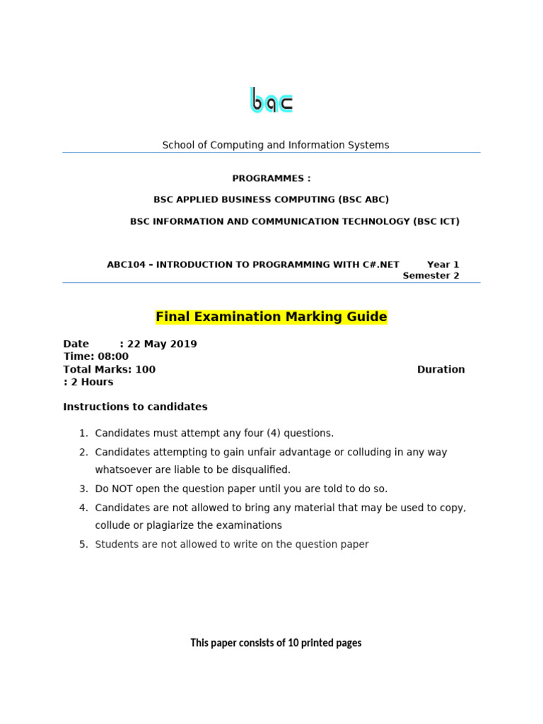 CSharp - Revision Past Paper - 2019 - With Answers | PDF | C Sharp (Programming Language ...
