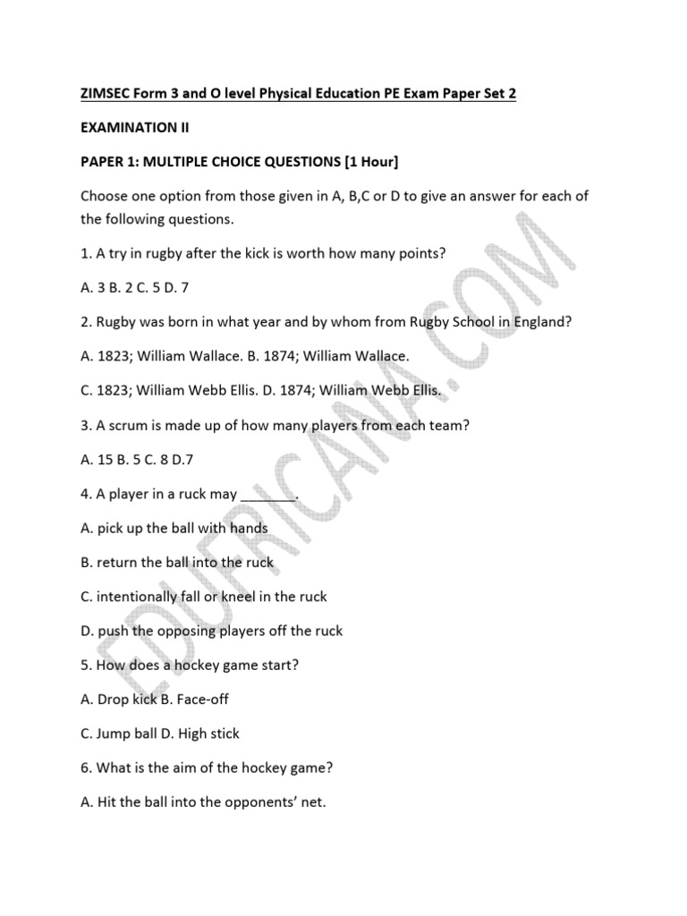 ZIMSEC Form 3 and O Level Physical Education PE Exam Paper Set 2 | PDF ...