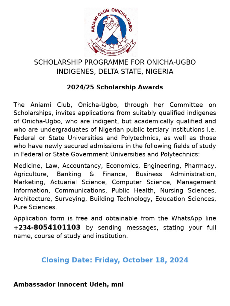 Aniami Club Scholarship Scheme Invitation For Application Final | PDF