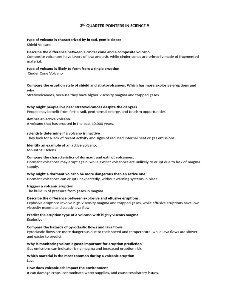 3rd Quarter Pointers in Science 9 | PDF | Volcano | Types Of Volcanic Eruptions