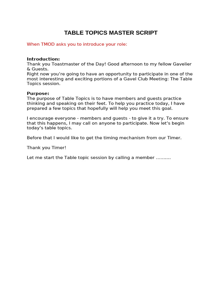 Toastmasters Table Topics Master Script | PDF