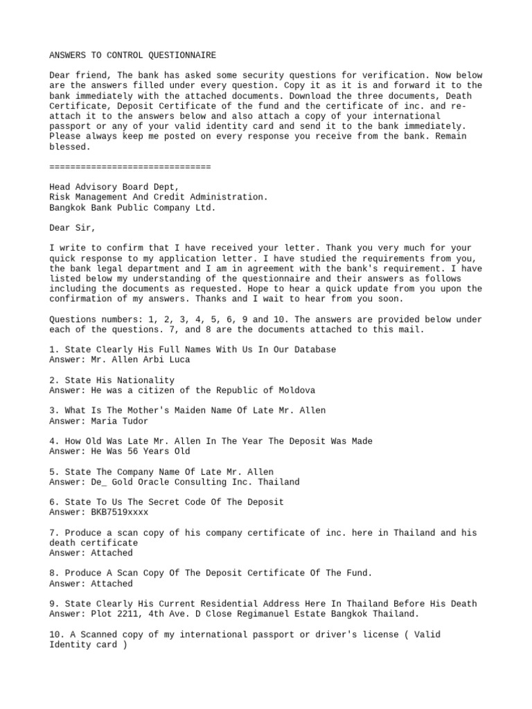 Answers To Control Questionnaire | PDF