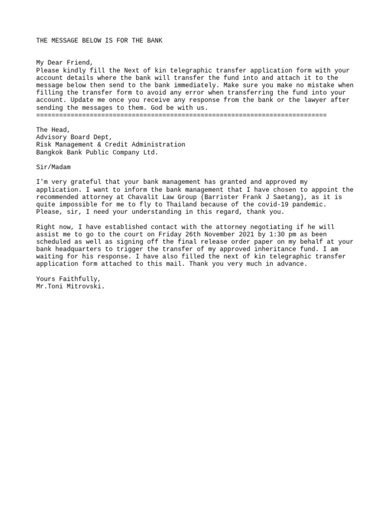 Letter To The Bank | PDF