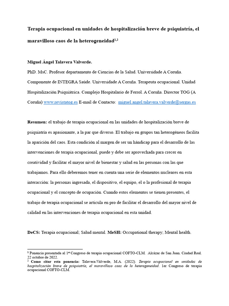 Terapia Ocupacional en Psiquiatría Breve | PDF | Terapia ocupacional ...