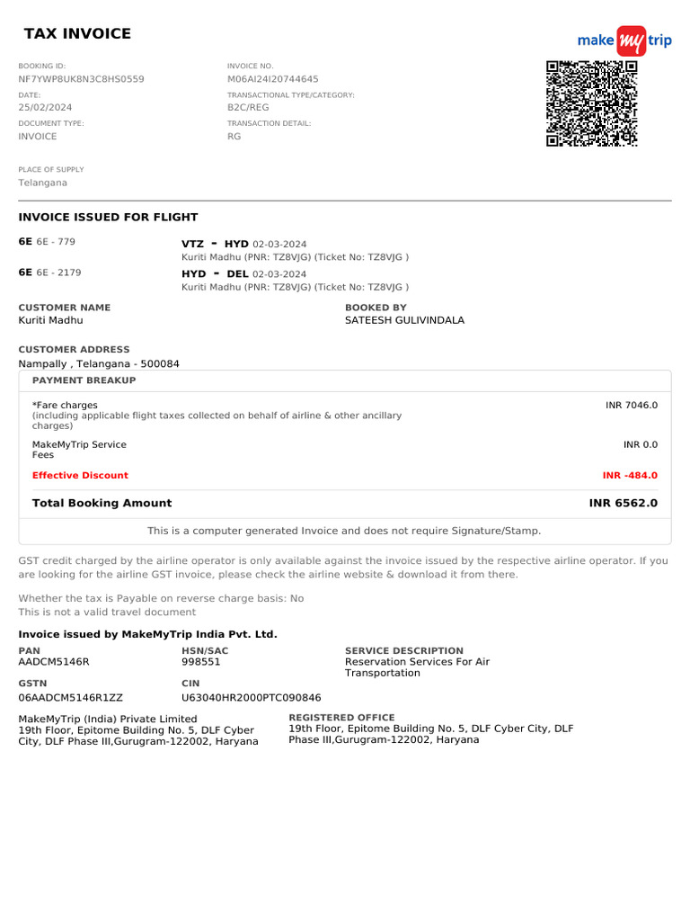 Booking Invoice - M06AI24I20744645 | PDF | Invoice | Payments