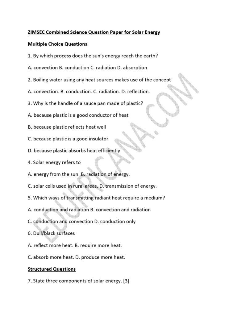 ZIMSEC O Level Combined Science Question Paper For Solar Energy | PDF